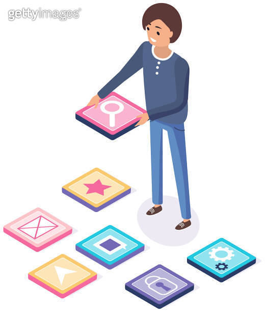 Man stands next to icons of mobile applications for smartphone. Guy ...