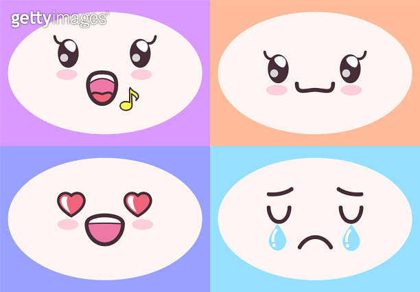 Funny cartoon japanese emotion, sad and angry face expressions. Kawaii ...