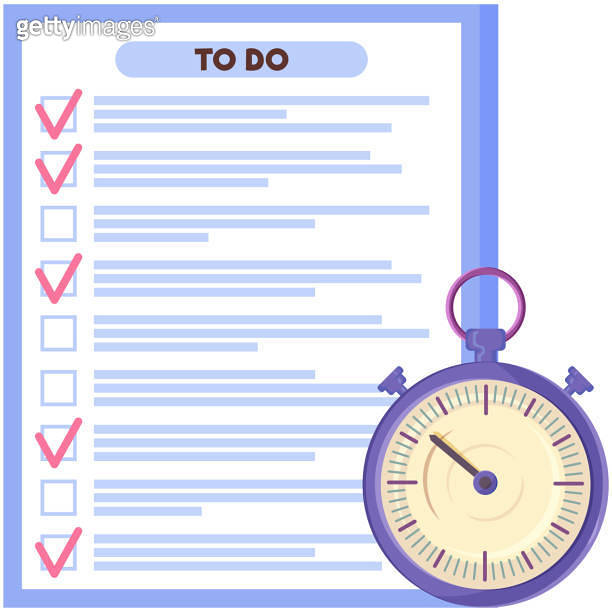 Checklist, daily plan reminder near stopwatch. Timer next to check ...