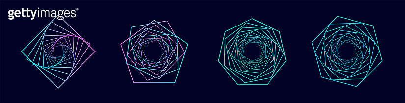 Set of twisted spirals. Sacred geometry. Tunnel with lines in the form of a circle and hexagons ...