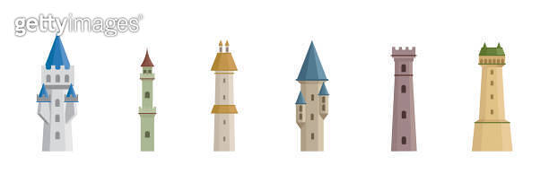 Set of different types of fairy medieval towers white background ...