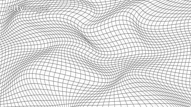 Abstract distorted wireframe wave. Vector curve surface background. Technology grid pattern ...