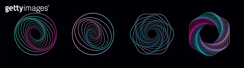 Set of twisted spirals. Sacred geometry. Tunnel with lines in the form of a circle and hexagons ...