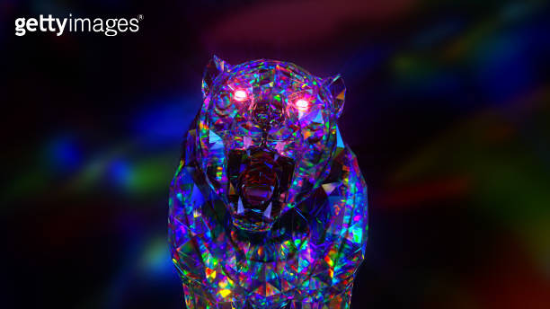 Snarling diamond tiger. Nature and animals concept. Lowpoly. Blue neon ...