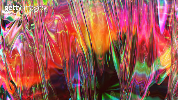 Folds on the surface of a transparent iridescent fabric. Pink yellow ...