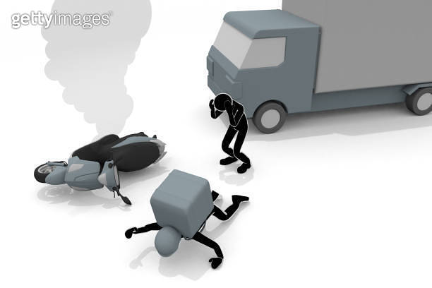 Traffic accident during delivery. A truck and a motorcycle collide ...