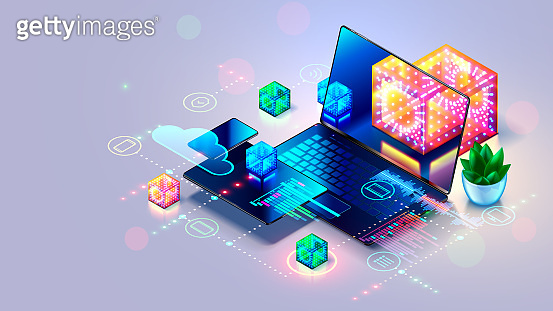 Computer technology concept. Computer network of laptop, phone, tablet ...