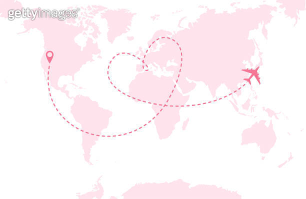 A pink airplane flying over a pink world map. Dashed route line in the ...