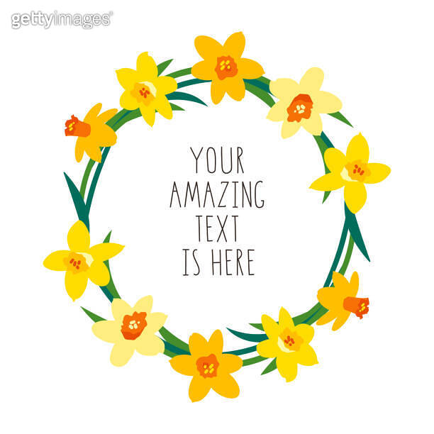 Vector greeting card template with yellow daffodils and green leaves ...