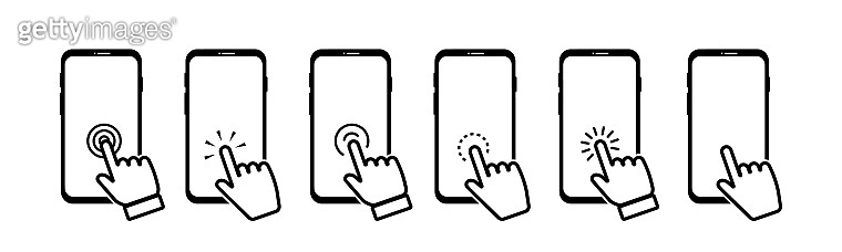 Touch screen smartphone icon set. Hand click on smartphone. Clicking ...