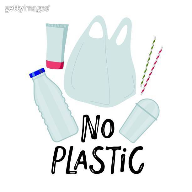 No plastic sign. Various plastic products, bottle, plastic cup, bag ...