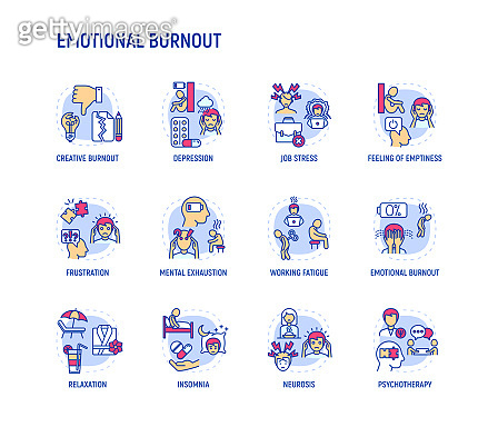 Emotional burnout set. Thin line icons. Working fatigue, job stress ...