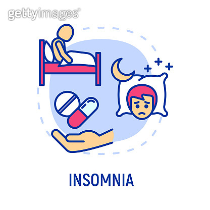 Insomnia concept with thin line icon, sleeplessness, man sitting in bed ...