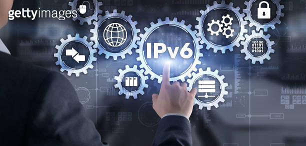 IPv6. Businessman pressing touch screen interface and select icon ...