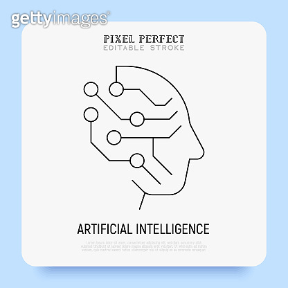 Artificial intelligence thin line icon. Deep learning. Human face with ...