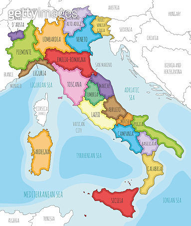 Vector illustrated map of Italy with regions and administrative ...