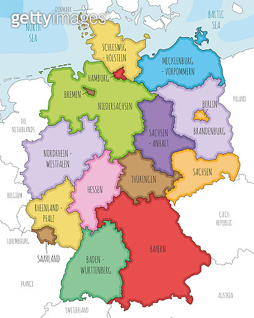 Vector illustrated map of Germany with federated states or regions and ...