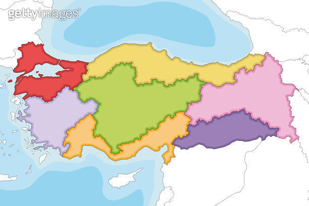 Vector illustrated blank map of Turkey with regions and geographical ...