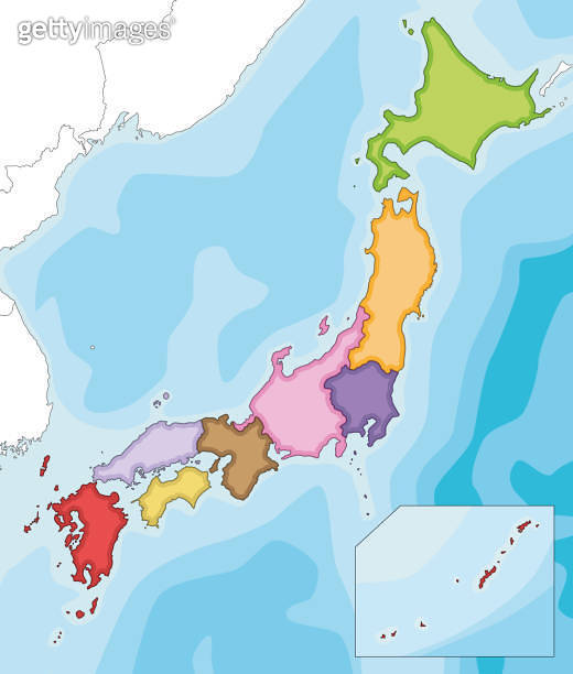 Vector illustrated blank map of Japan with regions and administrative ...