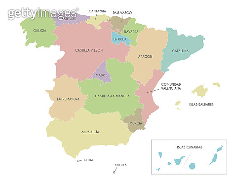 Vector map of Spain with regions and territories and administrative ...