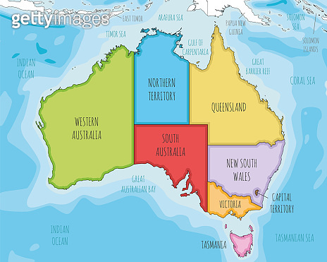 Vector illustrated map of Australia with regions and administrative ...