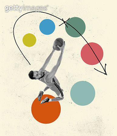 Professional basketball player with ball over abstract background ...