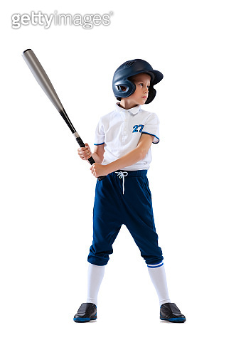 Little boy, baseball player, pitcher in blue-white uniform training ...