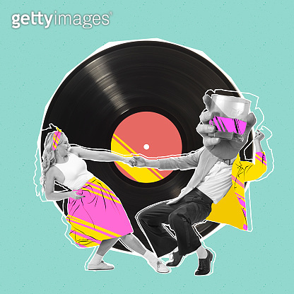 Contemporary art collage. Creative design. Emotive couple cheerfully ...