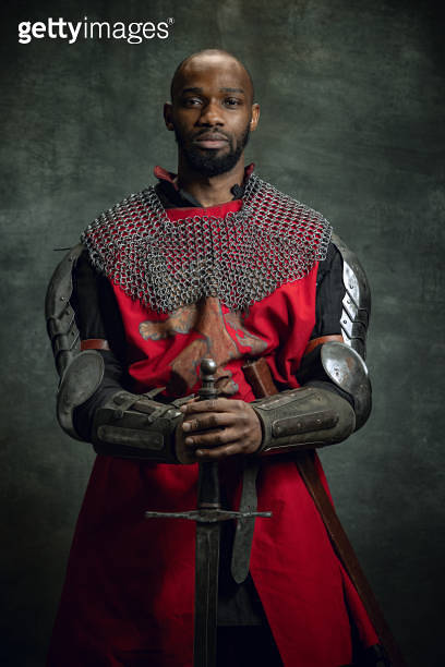 Medieval knight. Portrait of brutal african man, medieval warrior ...