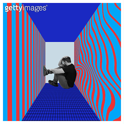 Contemporary art collage. Sad young man with depression sitting in cube ...