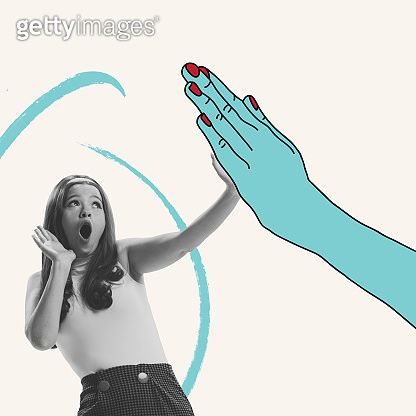 Art collage with young surprised girl in retro, 70s, 80s fashion style ...