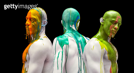 Colorful collage. Male body and face covered with multicolored paints ...