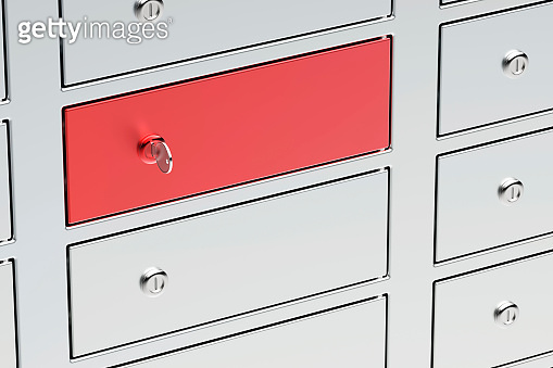 Key on the red bank safety deposit box 이미지 (1362869292) - 게티이미지뱅크