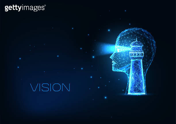 Futuristic vision concept with glowing low poly human head and light ...