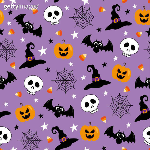 Cartoon Halloween seamless pattern. Skull, bat, pumpkin, witch hat ...