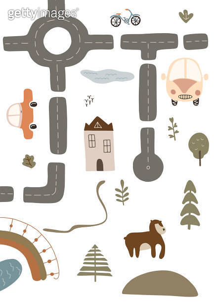 Cute town map for kid's room. Hand drawn vector illustration. Nursery ...