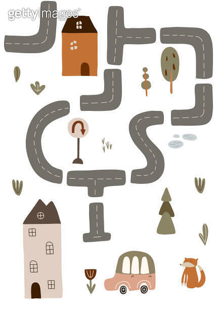 Cute town map for kid's room. Hand drawn vector illustration. Nursery ...
