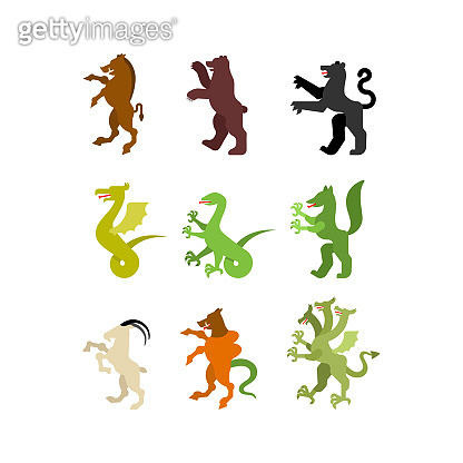 Heraldic animal set. Boar and bear. Panther, Amphiptere and salamander ...