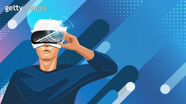 Metaverse digital cyber world technology, Man holding virtual reality glasses on abstract ...