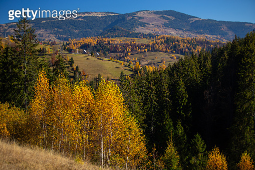 View with nature and scattered houses in a remote village in Tara ...