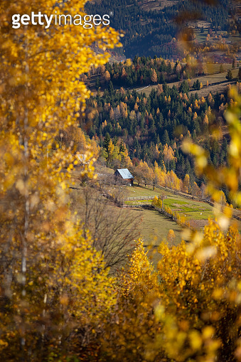 View with nature and scattered houses in a remote village in Tara ...