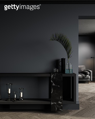 Dark black wall mockup with black console and decoration, luxury ...