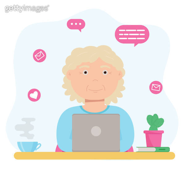 Happy grandma with laptop. Old woman using computer to communicate on ...