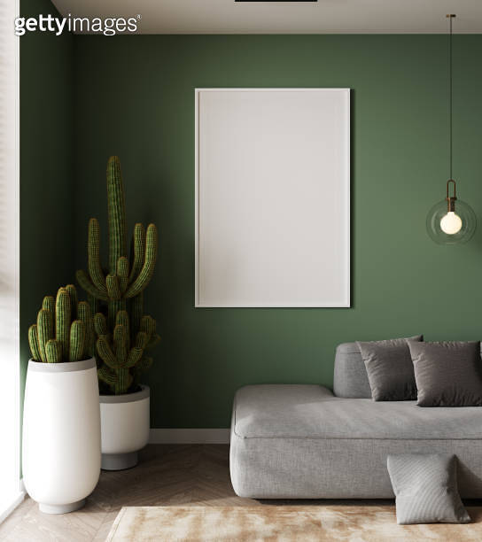 mock up poster frame in modern green interior background, living room ...