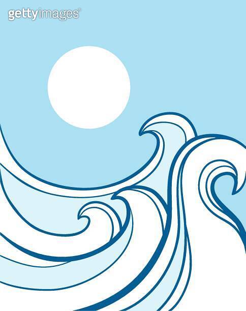 Vector sea waves and sun outline graphic poster illustration. Abstract ...