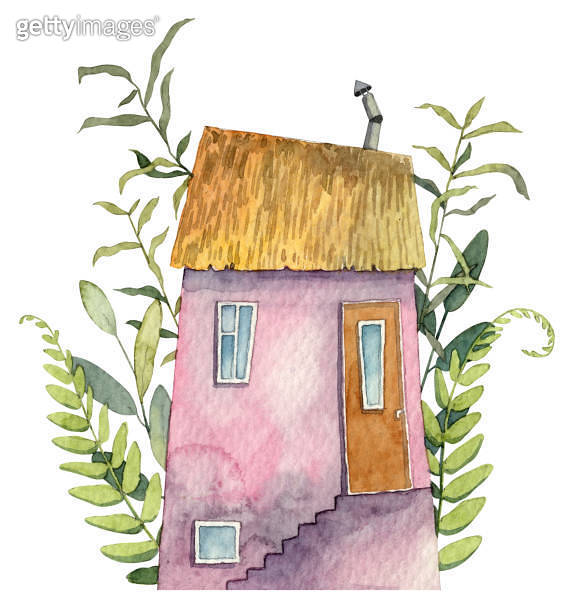 Cute tiny beach hut with plants and fern curly twigs on background ...