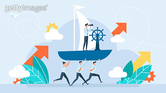 Business management. Smart businessman boat captain control steering ...