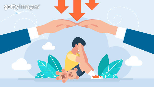 Social protection of children. Child safety care. Little boy sitting on ...