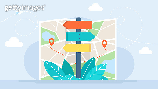 Direction sign post with arrow set on the background of the map. Choice ...