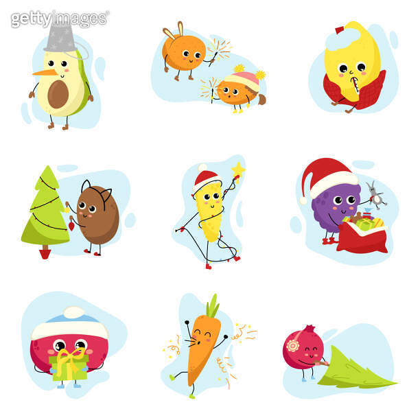 Big set of fruit characters. Fruits, berries and vegetables on winter ...